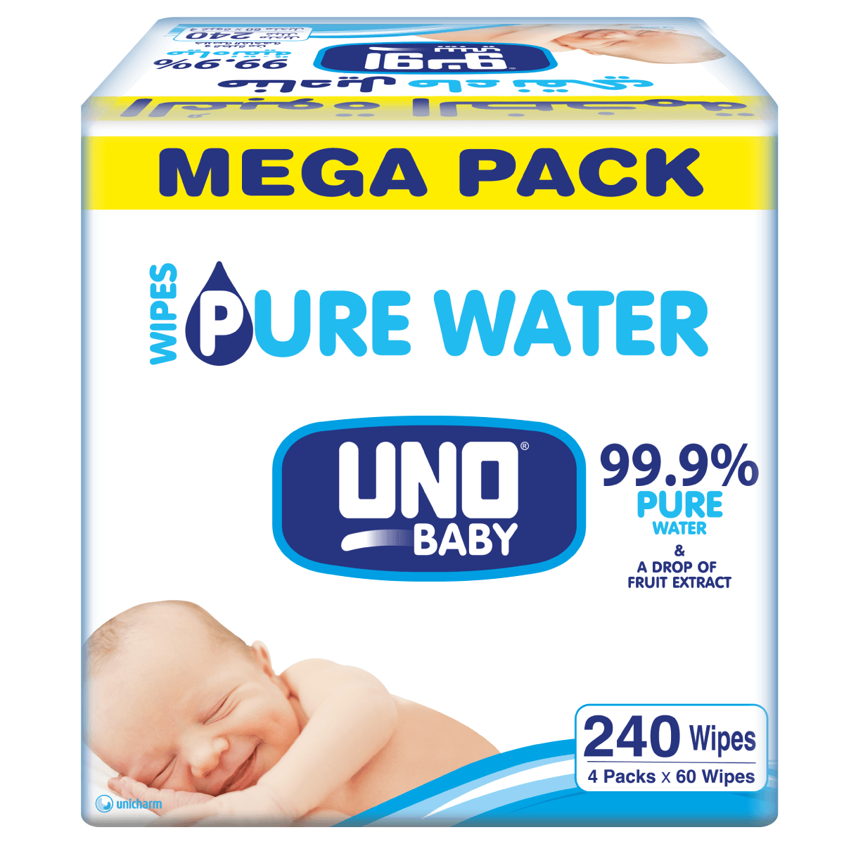 Uno Baby Pure Water Wipes. Mega pack. 60 wipes, 3 x (4 x 60)