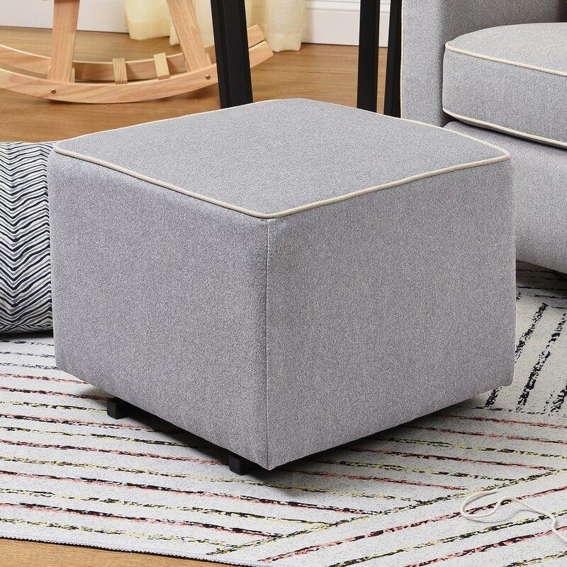 Alhome Linen Gray Pouf Malaysian Wood, Linen Fabric, Gray Color (55x55